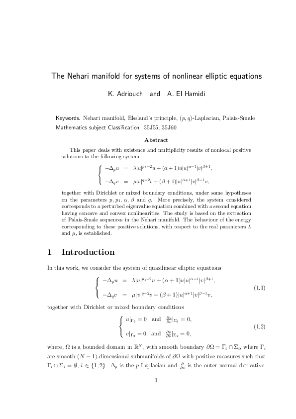 (PDF) The Nehari manifold for systems of nonlinear elliptic equations