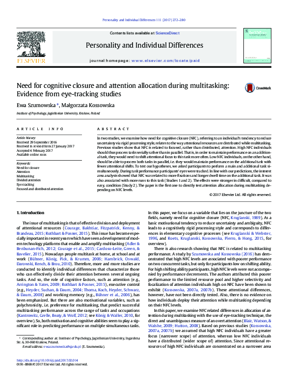 (PDF) Need for cognitive closure and attention allocation during multitasking: Evidence from eye ...