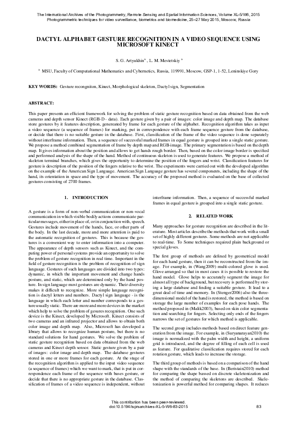 (PDF) Dactyl Alphabet Gesture Recognition in a Video Sequence Using Microsoft Kinect