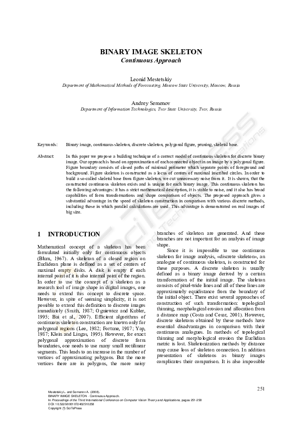 (PDF) BINARY IMAGE SKELETON - Continuous Approach
