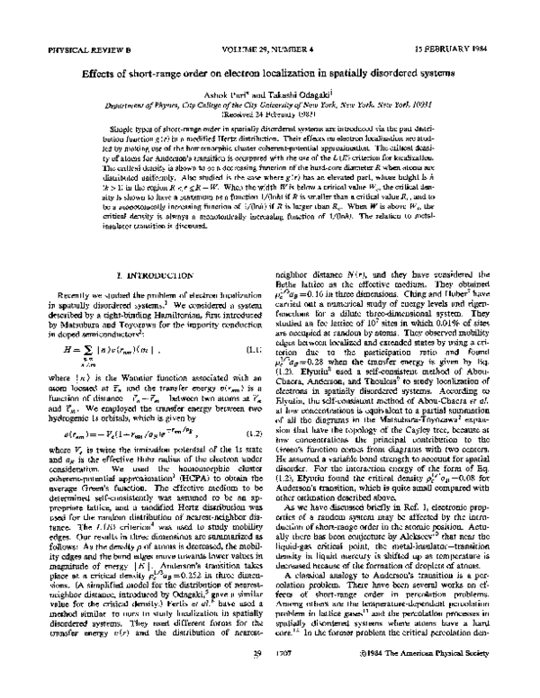 (PDF) Effects of short-range order on electron localization in spatially disordered systems