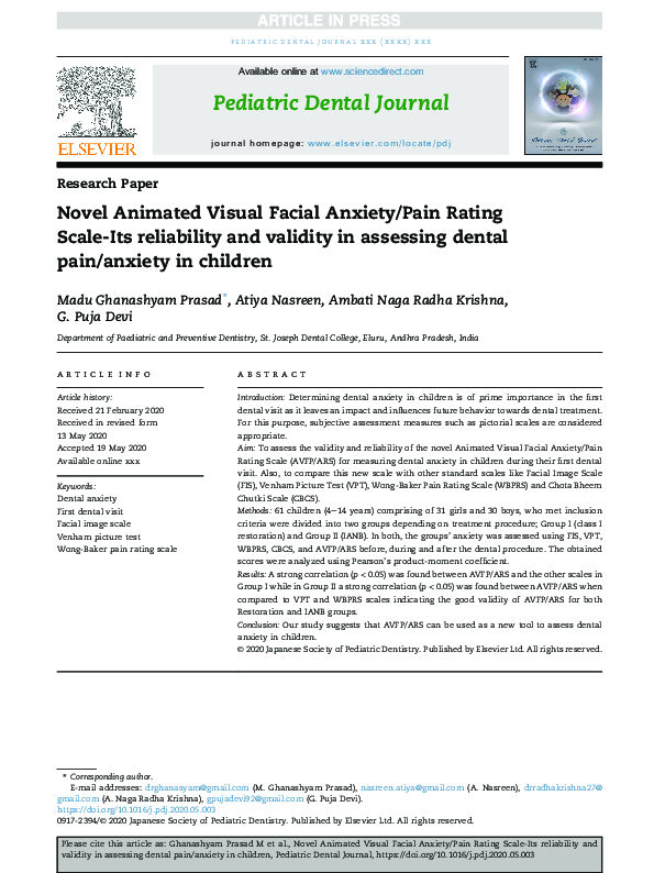 (PDF) Novel Animated Visual Facial Anxiety/Pain Rating Scale-Its reliability and validity in ...