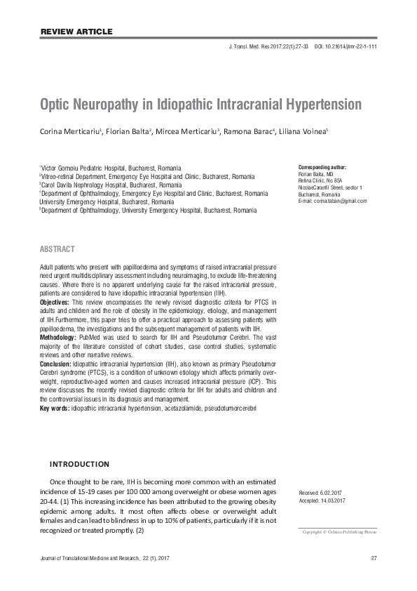 (PDF) Optic Neuropathy in Idiopathic Intracranial Hypertension