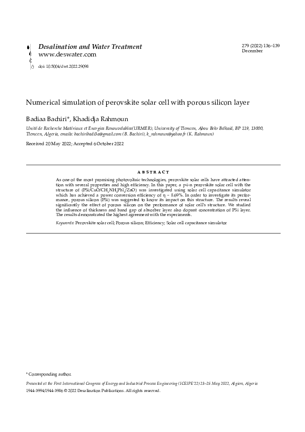 (PDF) Numerical simulation of perovskite solar cell with porous silicon ...