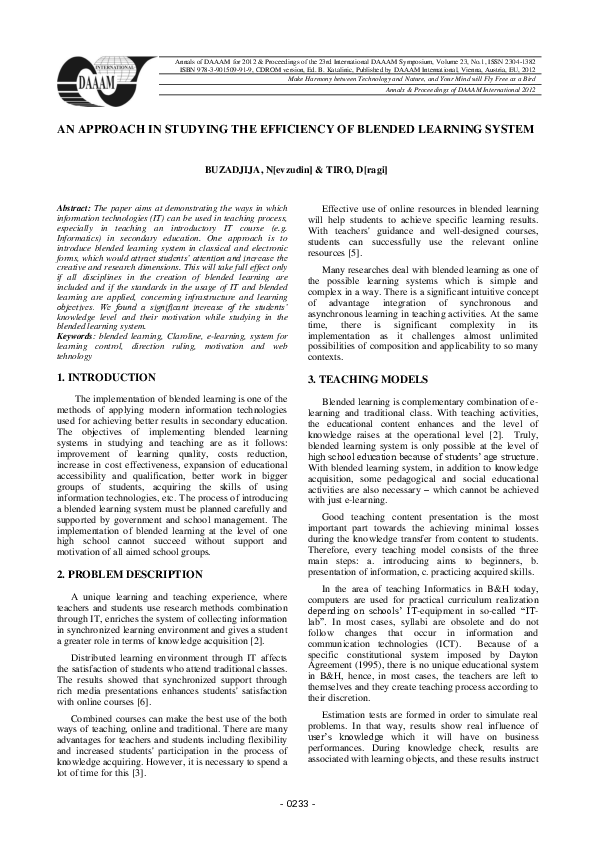 (PDF) An Approach in Studying the Efficiency of Blended Learning System | Dragi Tiro - Academia.edu