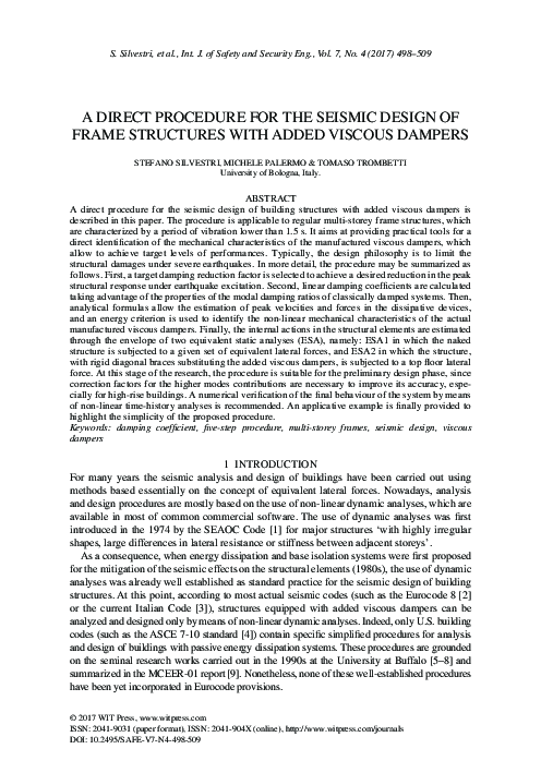 Pdf A Direct Procedure For The Seismic Design Of Frame Structures With Added Viscous Dampers