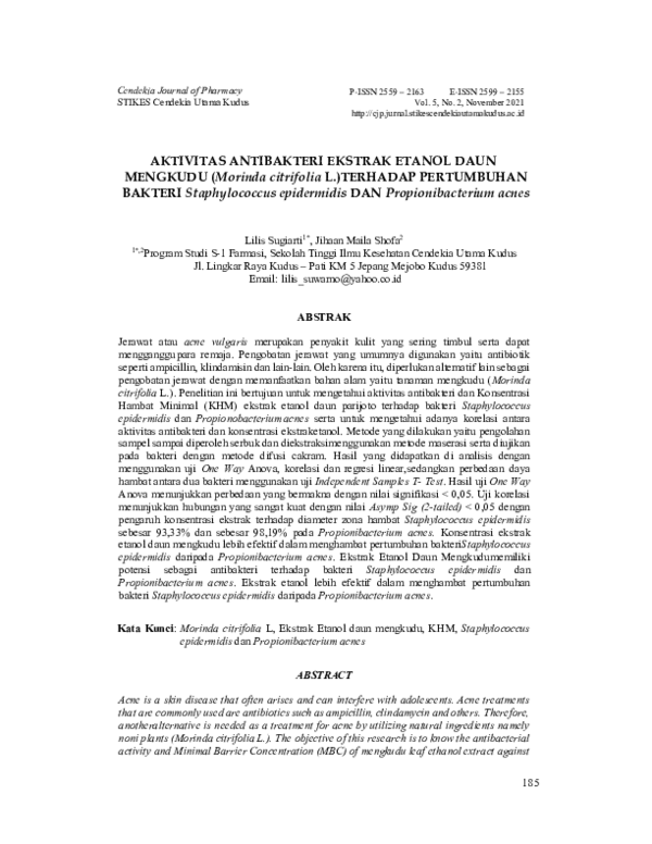 (PDF) AKTIVITAS ANTIBAKTERI EKSTRAK ETANOL DAUN MENGKUDU (Morinda citrifolia L.) TERHADAP ...