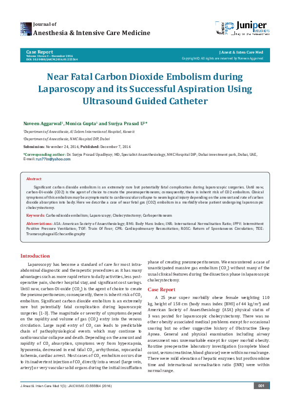 (PDF) Near Fatal Carbon Dioxide Embolism during Laparoscopy and its ...