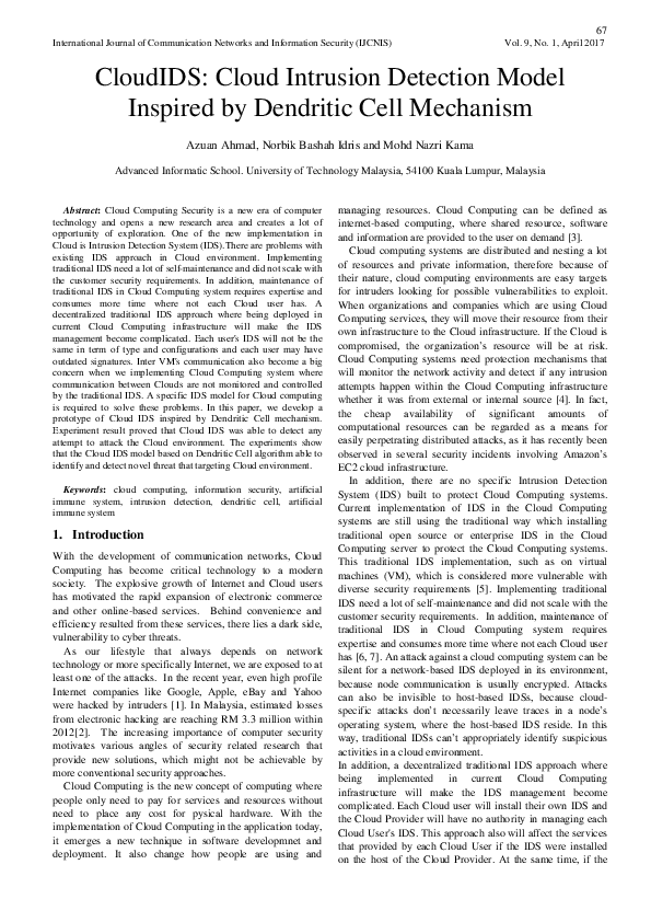 (PDF) CloudIDS: Cloud Intrusion Detection Model Inspired by Dendritic Cell Mechanism