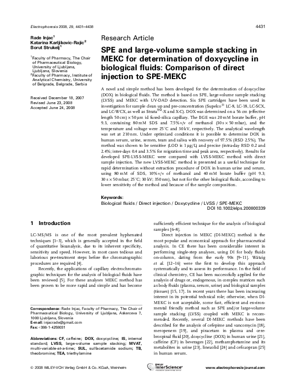 (PDF) SPE and large-volume sample stacking in MEKC for determination of doxycycline in ...