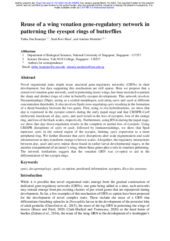 (PDF) Reuse of an insect wing venation gene-regulatory subnetwork in ...