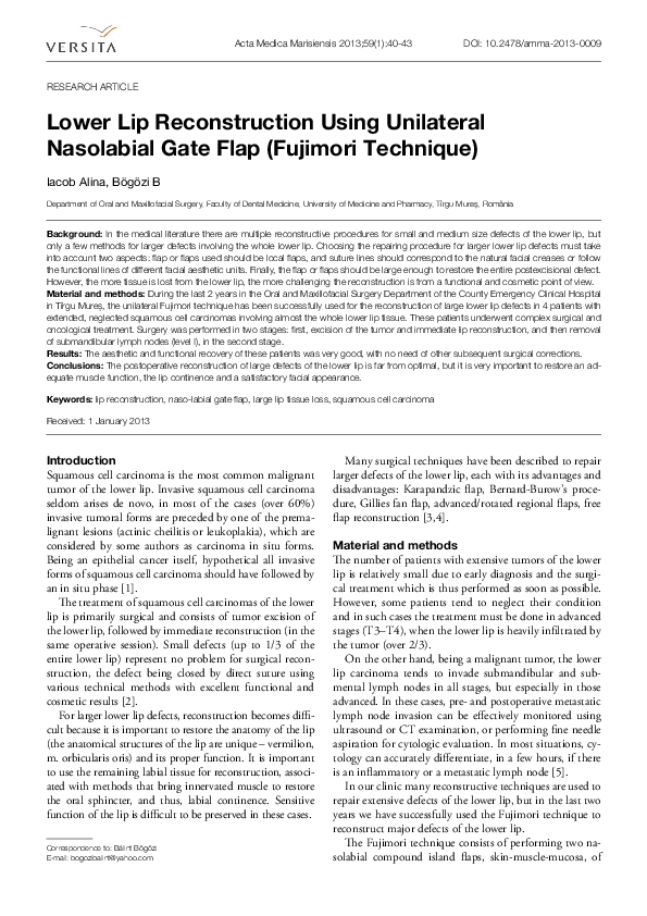 (PDF) Lower Lip Reconstruction Using Unilateral Nasolabial Gate Flap (Fujimori Technique)