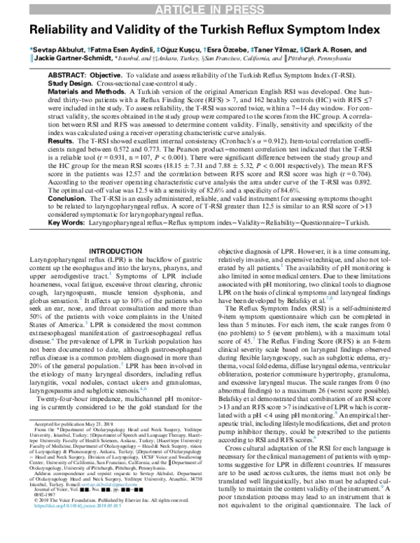 (PDF) Reliability and Validity of the Turkish Reflux Symptom Index