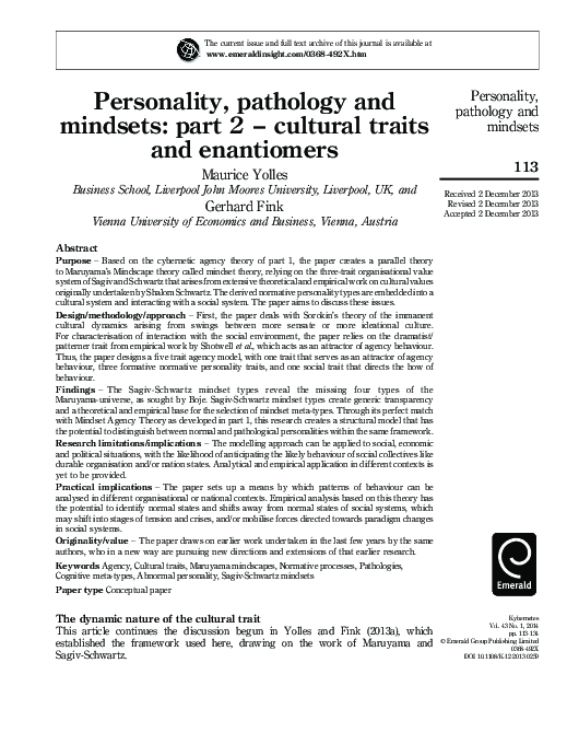 (PDF) Personality, pathology and mindsets: part 2 – cultural traits and ...