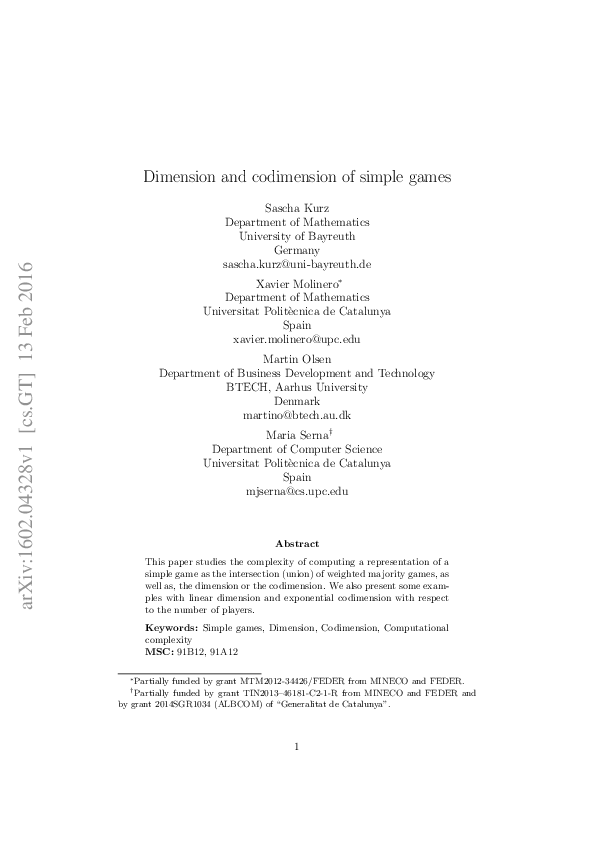 (PDF) Dimension and codimension of simple games