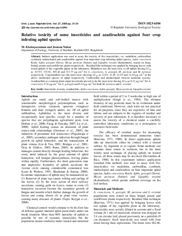(PDF) Relative toxicity of some insecticides and azadirachtin against ...