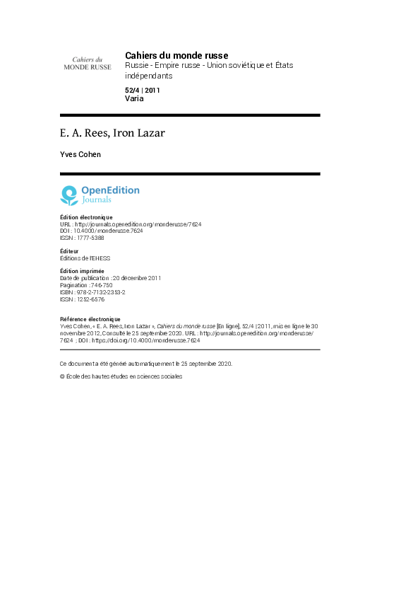 (PDF) E. A. Rees, Iron Lazar