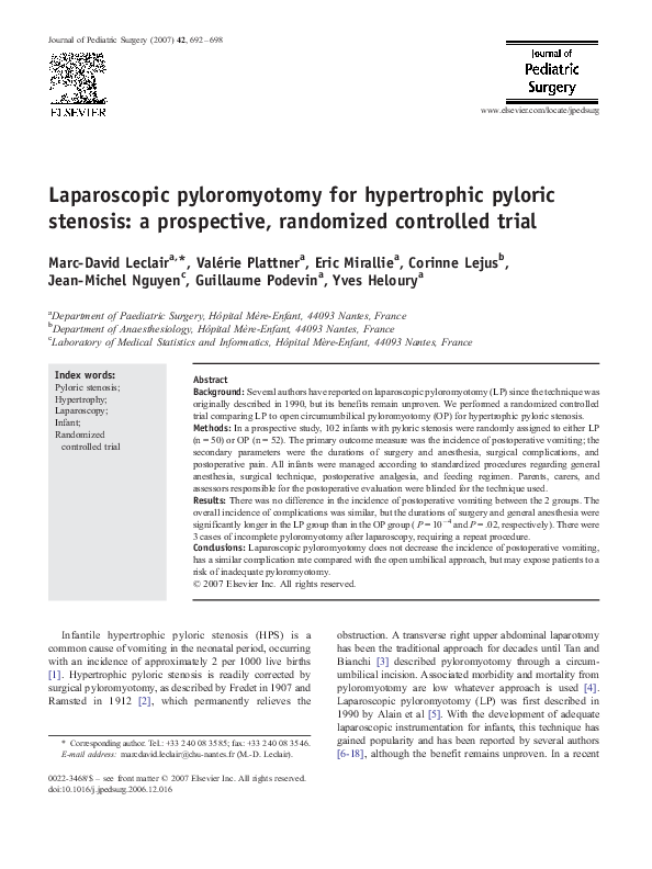 (PDF) Laparoscopic pyloromyotomy for hypertrophic pyloric stenosis: a ...