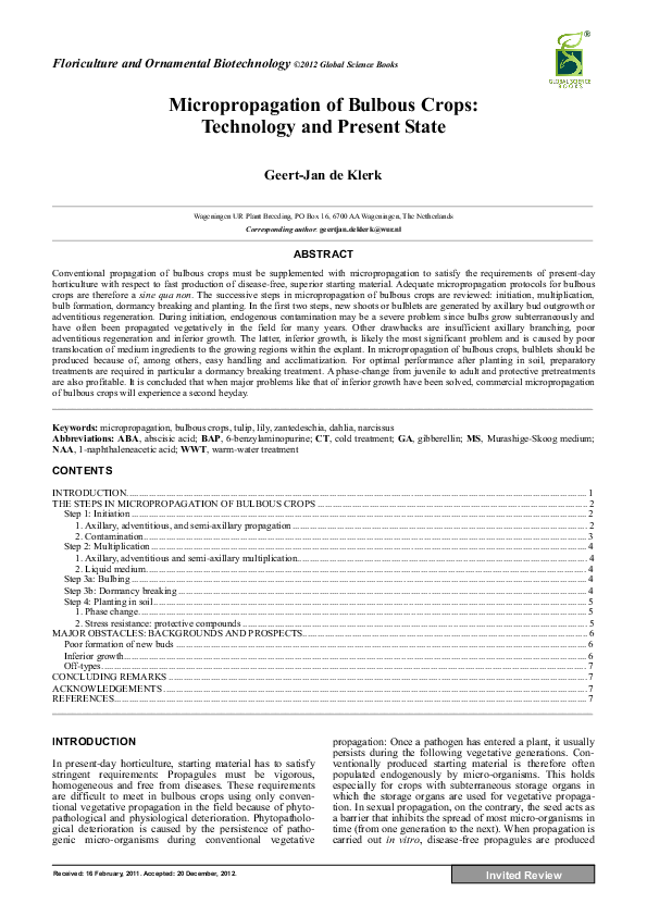 (PDF) Micropropagation of Bulbous Crops: Technology and Present State