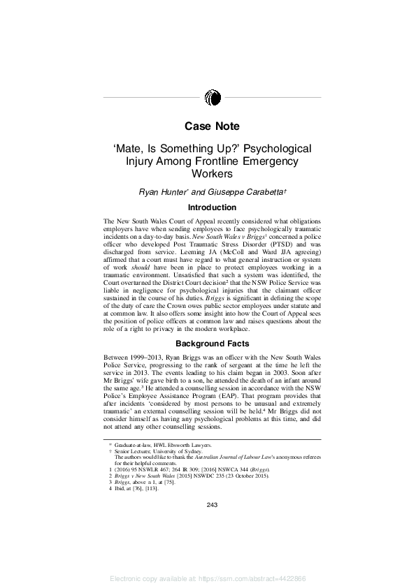 (PDF) 'Mate, Is Something Up?' Psychological Injury Among Frontline ...