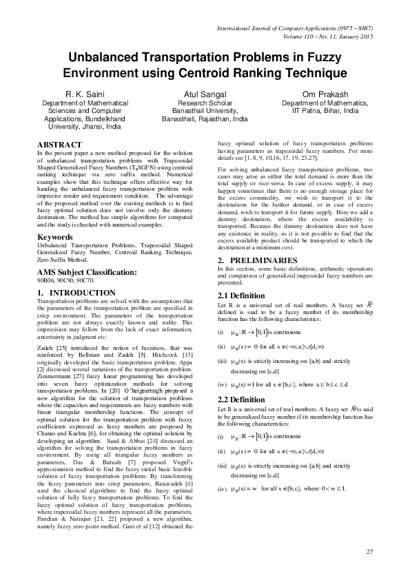 Pdf Unbalanced Transportation Problems In Fuzzy Environment Using Centroid Ranking Technique