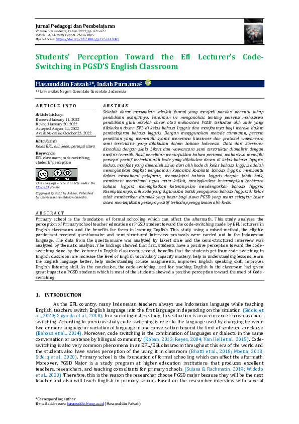 (PDF) Students’ Perception Toward the Efl Lecturer’s Code-Switching in PGSD’S English Classroom