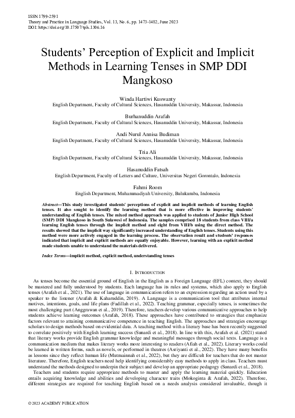 (PDF) Students’ Perception of Explicit and Implicit Methods in Learning Tenses in SMP DDI Mangkoso