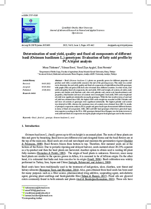 Pdf Determination Of Seed Yield Quality And Fixed Oil Components Of Different Basil Ocimum