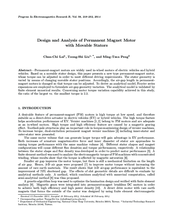 (PDF) Design and Analysis of Permanent Magnet Motor with Movable Stators