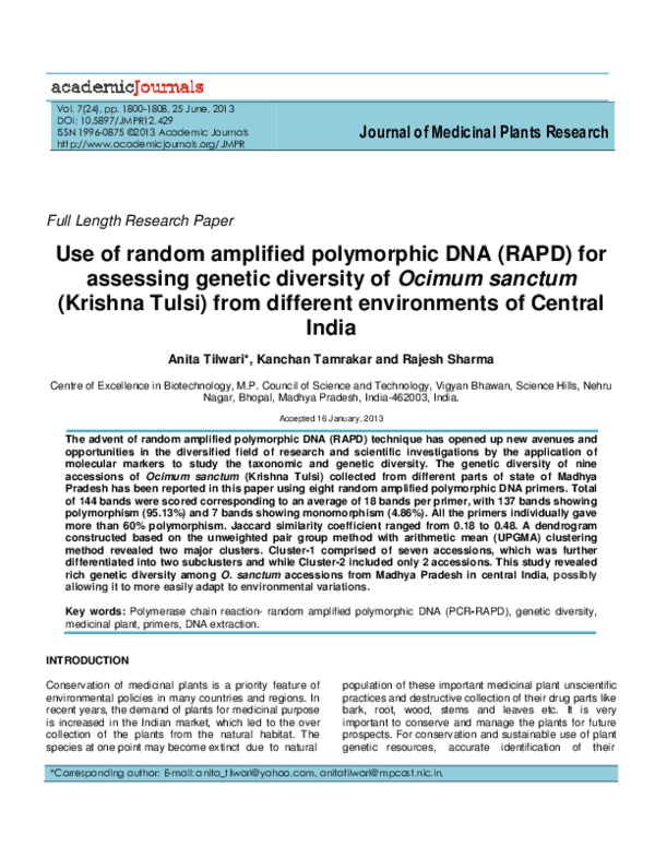 (PDF) Use of random amplified polymorphic DNA (RAPD) for assessing ...