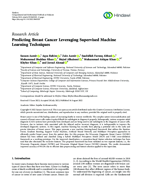 (PDF) Predicting Breast Cancer Leveraging Supervised Machine Learning Techniques | Khyber Khan ...