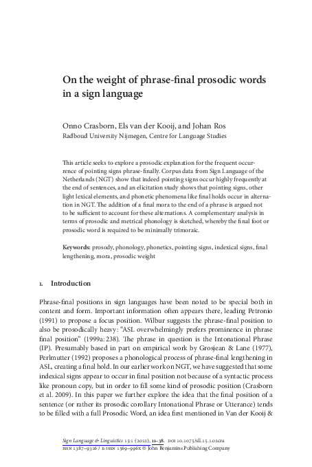 (PDF) On the weight of phrase-final prosodic words in a sign language