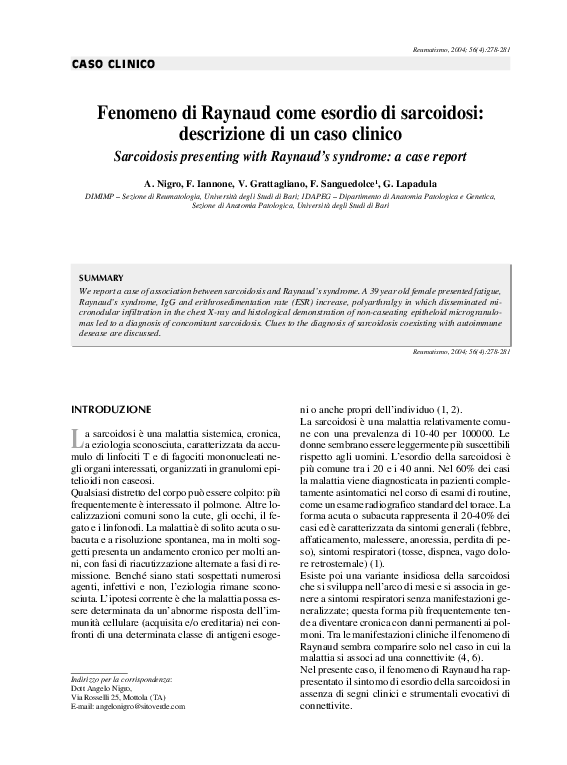 (PDF) Fenomeno di Raynaud come esordio di sarcoidosi: descrizione di un ...