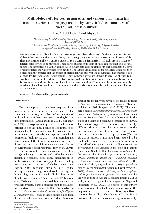 (PDF) Methodology of rice beer preparation and various plant materials ...