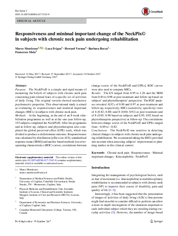 (PDF) Responsiveness and Minimal Important Change of the Pain Self-Efficacy Questionnaire and ...