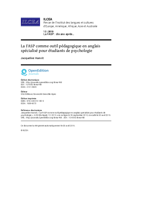(PDF) La FASP comme outil pédagogique en anglais spécialisé pour étudiants de psychologie