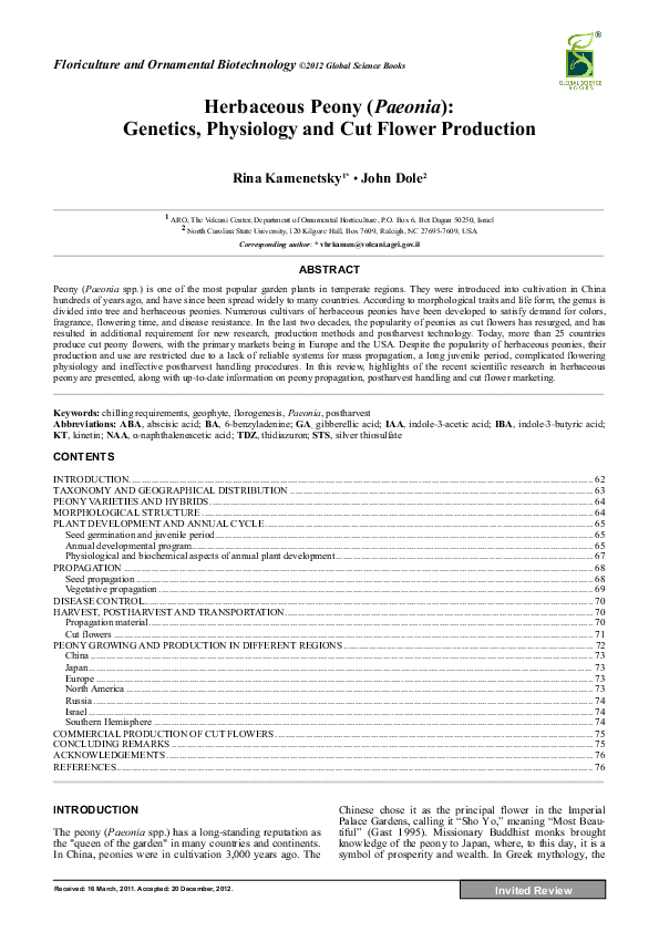 (PDF) Herbaceous Peony (Paeonia): Genetics, Physiology and Cut Flower Production
