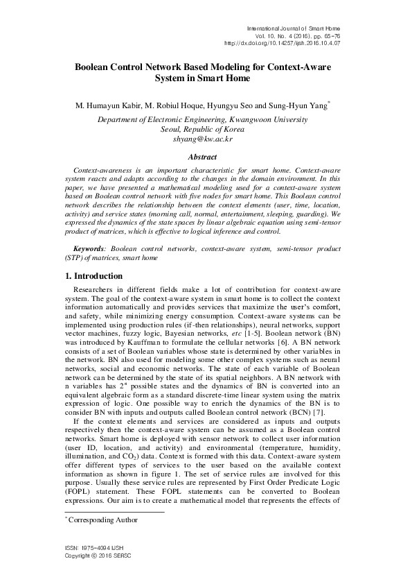 Pdf Boolean Control Network Based Modeling For Context Aware System In Smart Home