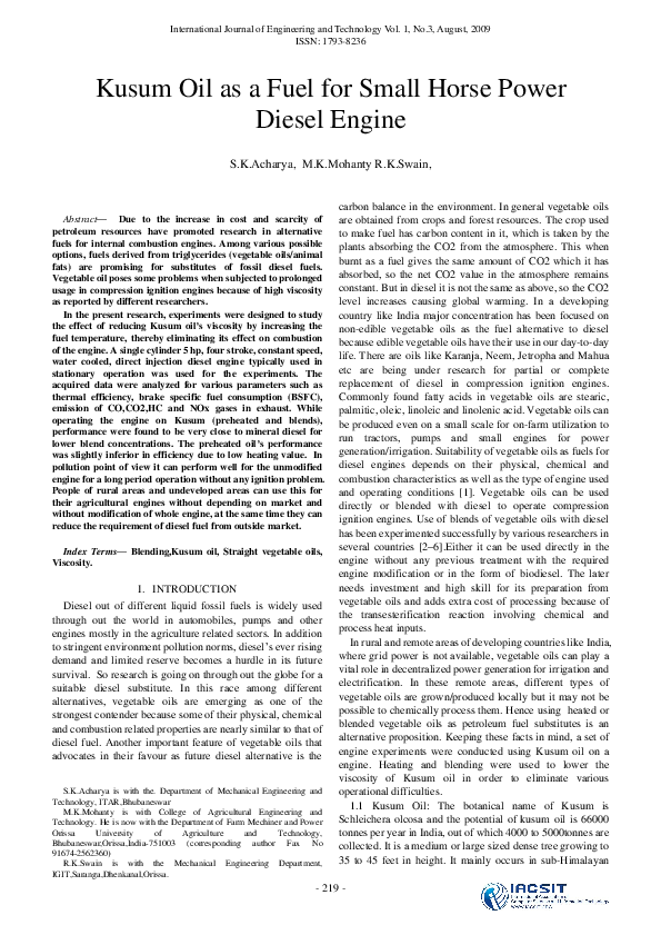 (PDF) Kusum Oil as a Fuel for Small Horse Power Diesel Engine
