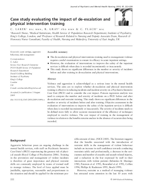 (PDF) Case study evaluating the impact of de-escalation and physical intervention training ...