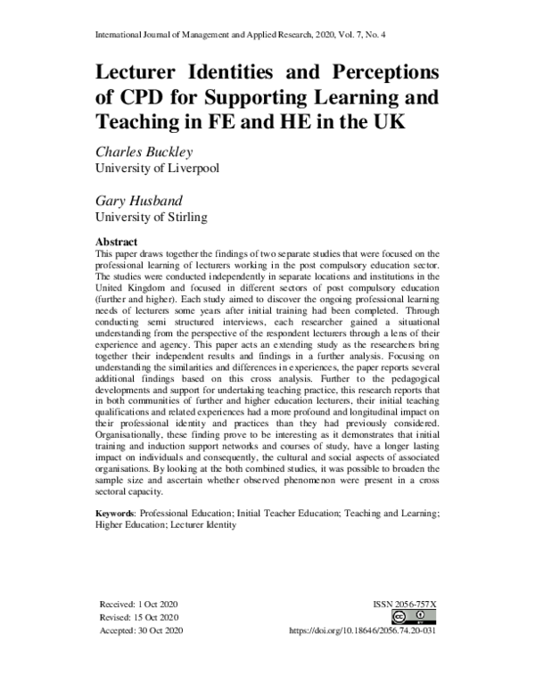 (PDF) Lecturer Identities and Perceptions of CPD for Supporting ...
