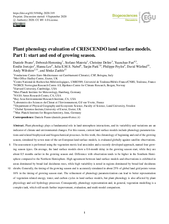 (PDF) Plant phenology evaluation of CRESCENDO land surface models