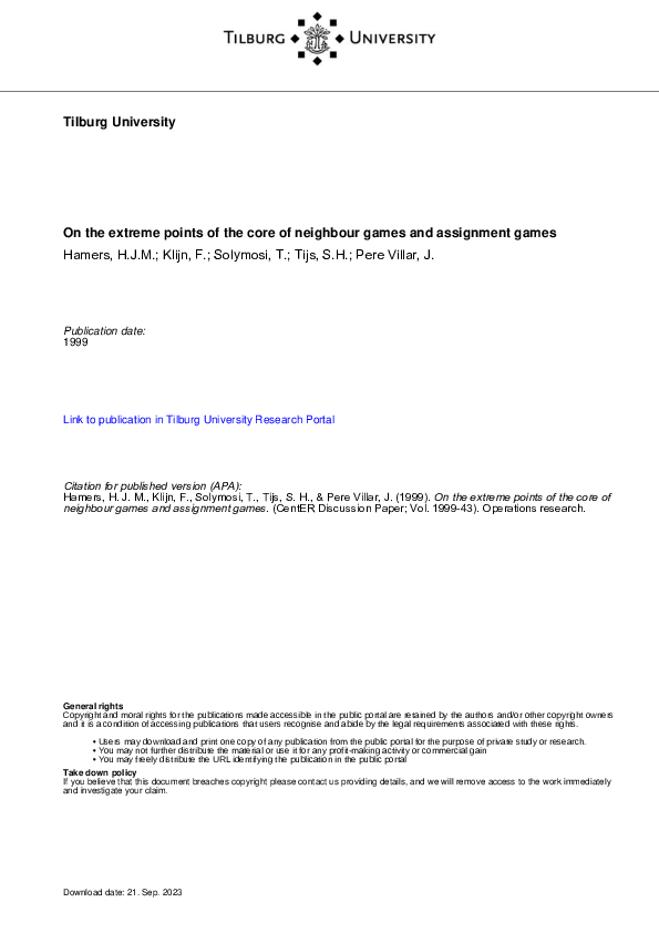 (PDF) On the extreme points of the core of neighbour games and assignment games