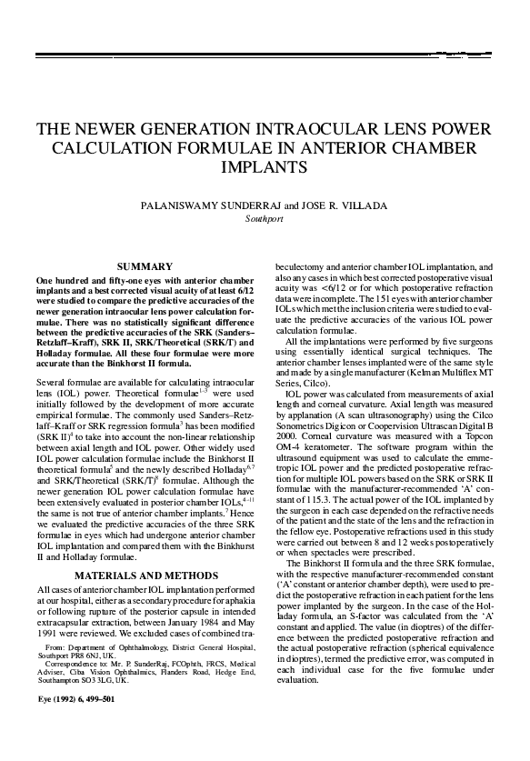 (PDF) The newer generation intraocular lens power calculation formulae in anterior chamber implants