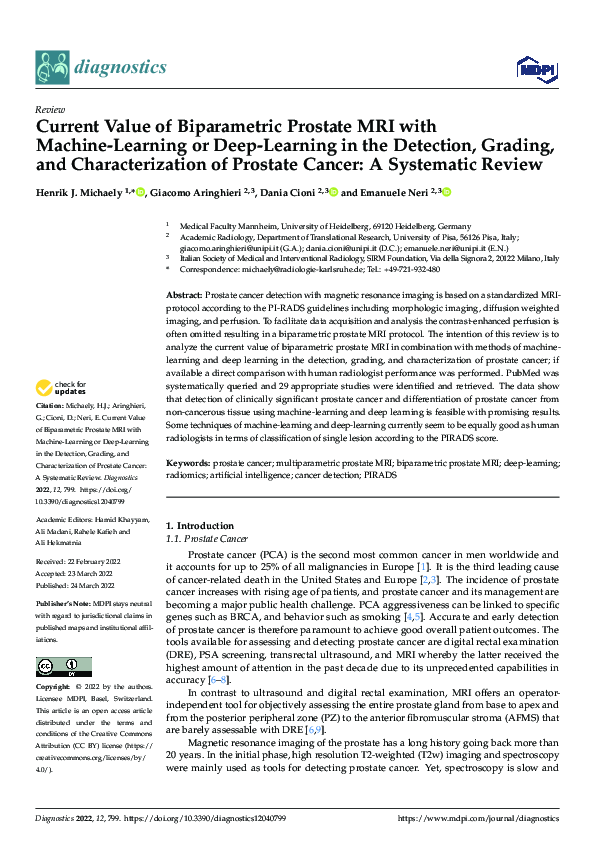 (PDF) Biparametric Prostate MRI and Machine Learning for Cancer Detection