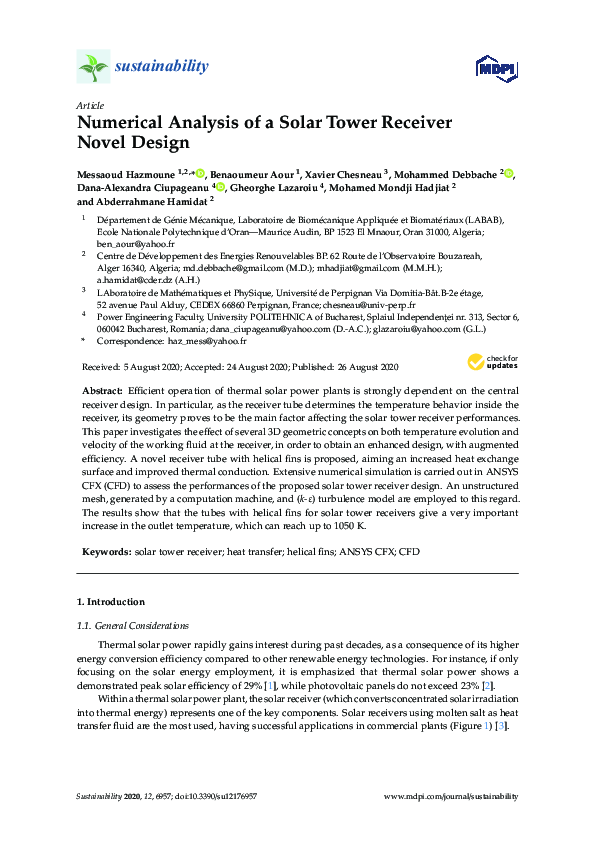 (PDF) Numerical Analysis of a Solar Tower Receiver Novel Design