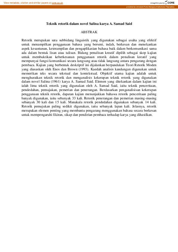 (PDF) Teknik Retorik dalam Novel Salina Karya A. Samad Said