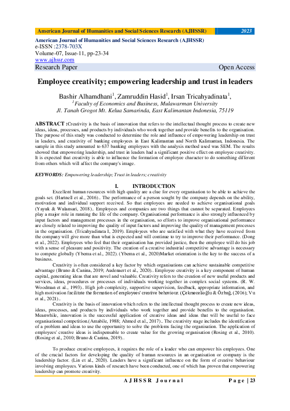 (PDF) Employee creativity; empowering leadership and trust in leaders