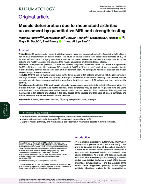 (PDF) Muscle deterioration due to rheumatoid arthritis: assessment by ...