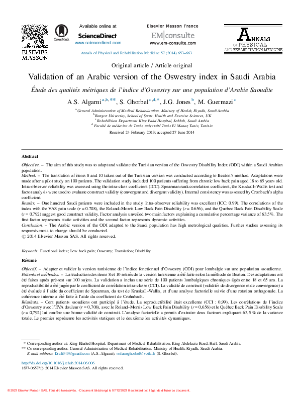 (PDF) Validation of an Arabic version of the Oswestry index in Saudi Arabia